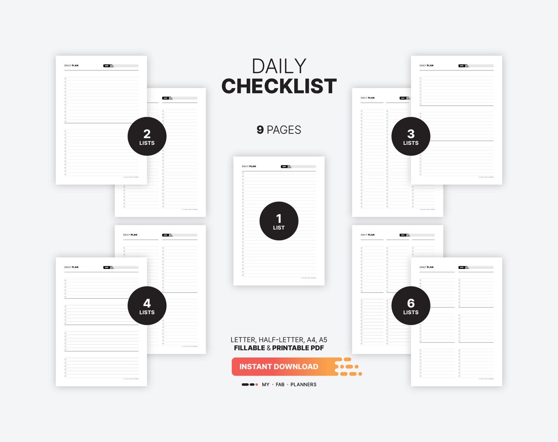 Daily Checklist Template for Task Manager & Tracker, Fillable To-do ...