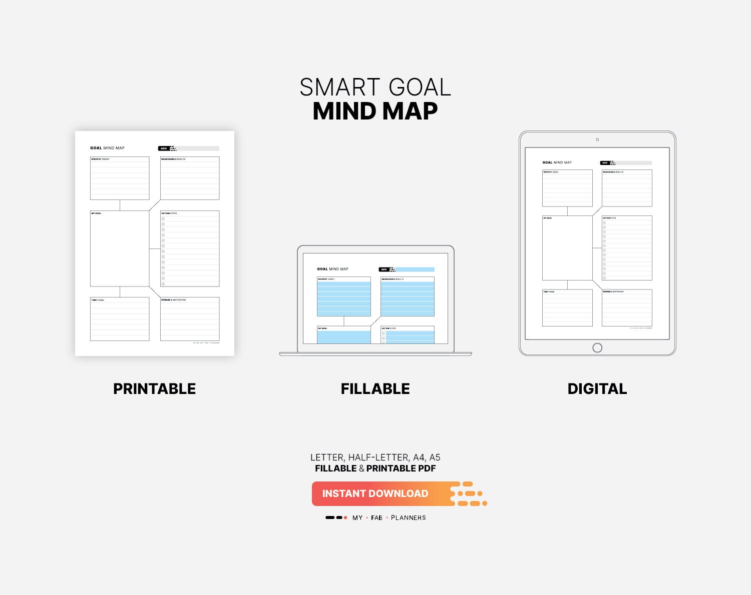 SMART Goal Mind Map, Printable Long-term Life Goals Setting, Mapping ...