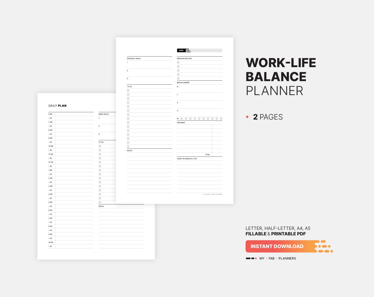 Daily Work Life Balance Planner, Fillable Goals, Time Slots, To-do List ...