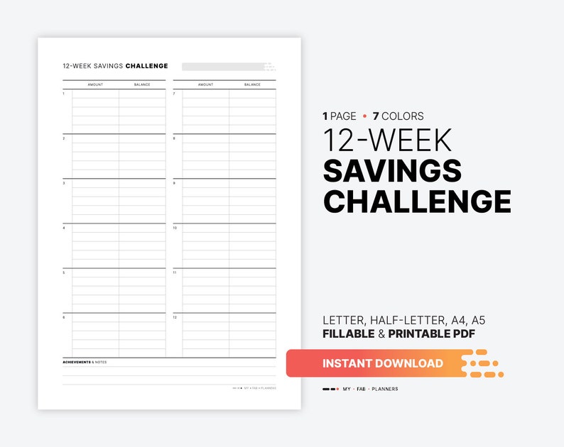 12-week Savings Challenge Planner, Fillable Personal Budget, Weekly ...