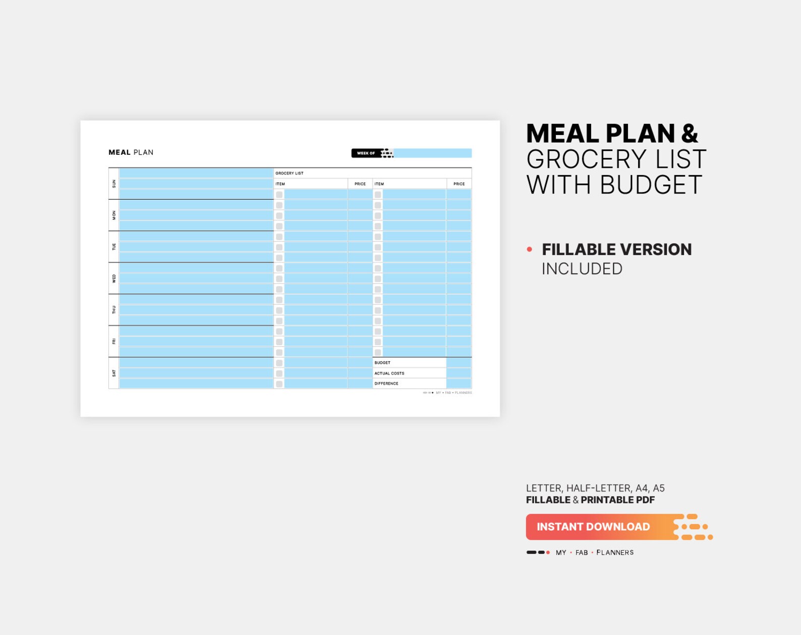 Budget and Meal Plan With Grocery List Planner, Fillable Weekly Meal ...