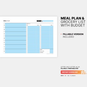 Budget and Meal Plan With Grocery List Planner, Fillable Weekly Meal ...