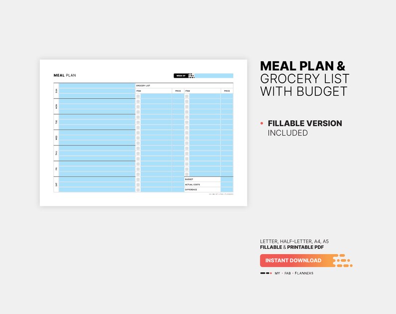 Budget and Meal Plan With Grocery List Planner, Fillable Weekly Meal ...