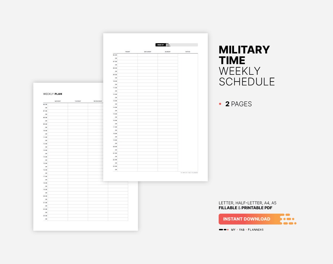 Military Time Weekly Schedule, Printable Productivity Planner Inserts ...