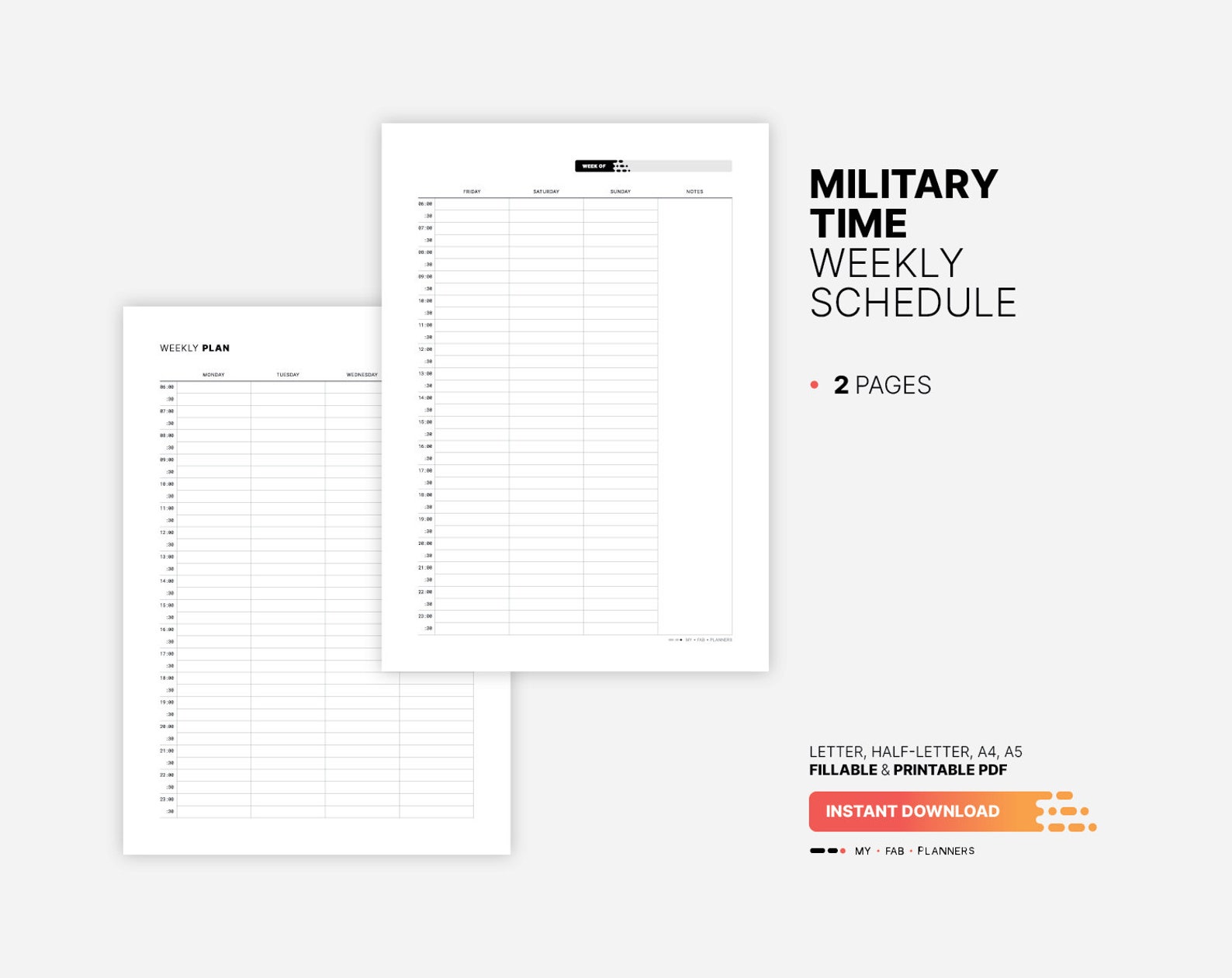 Military Time Weekly Schedule, Printable Productivity Planner Inserts ...