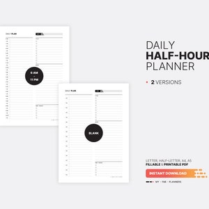 Half Hour Daily Planner, Block Time Schedule, Everyday Fillable Task ...