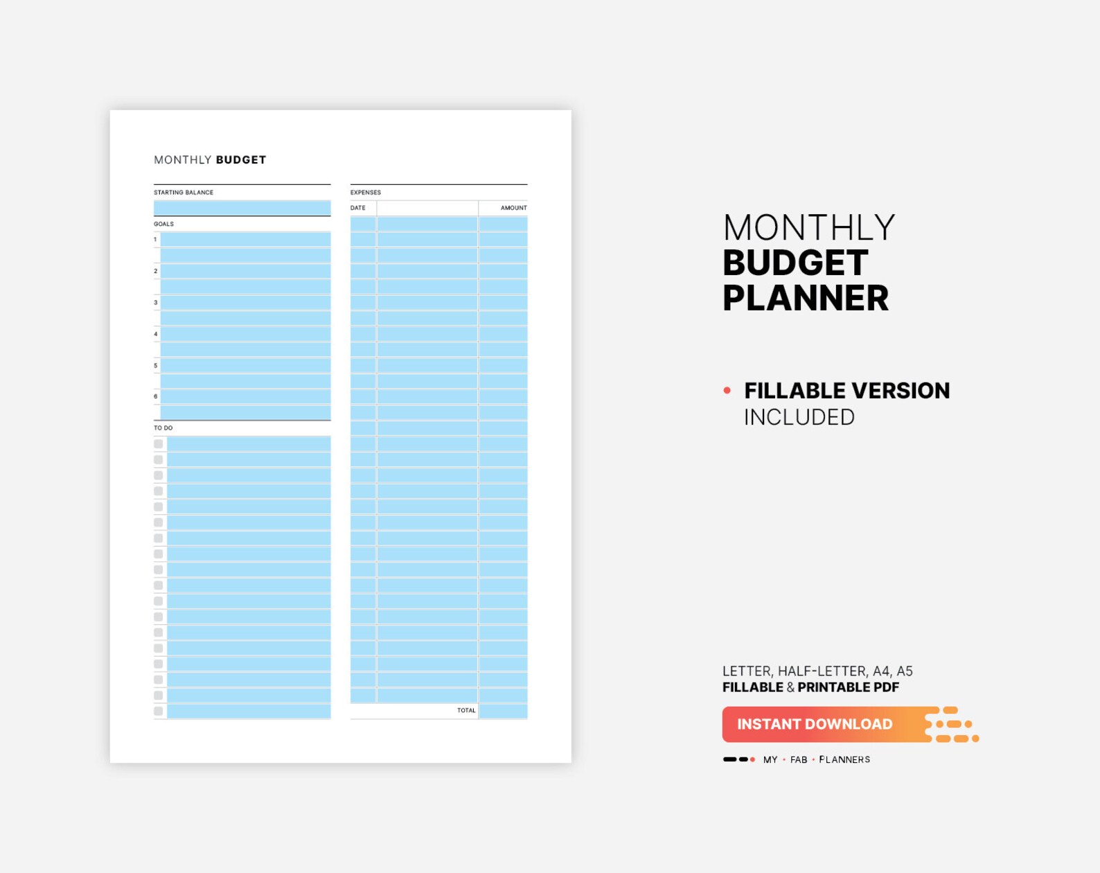 Monthly Budget Planner, Fillable Financial Book Sheet Template, Finance ...