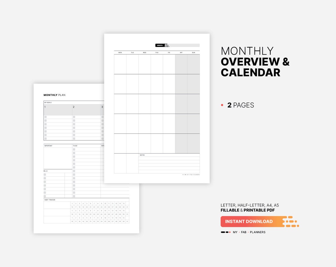 Monthly Overview, Printable Blank Calendar, Fillable Goal Setting ...