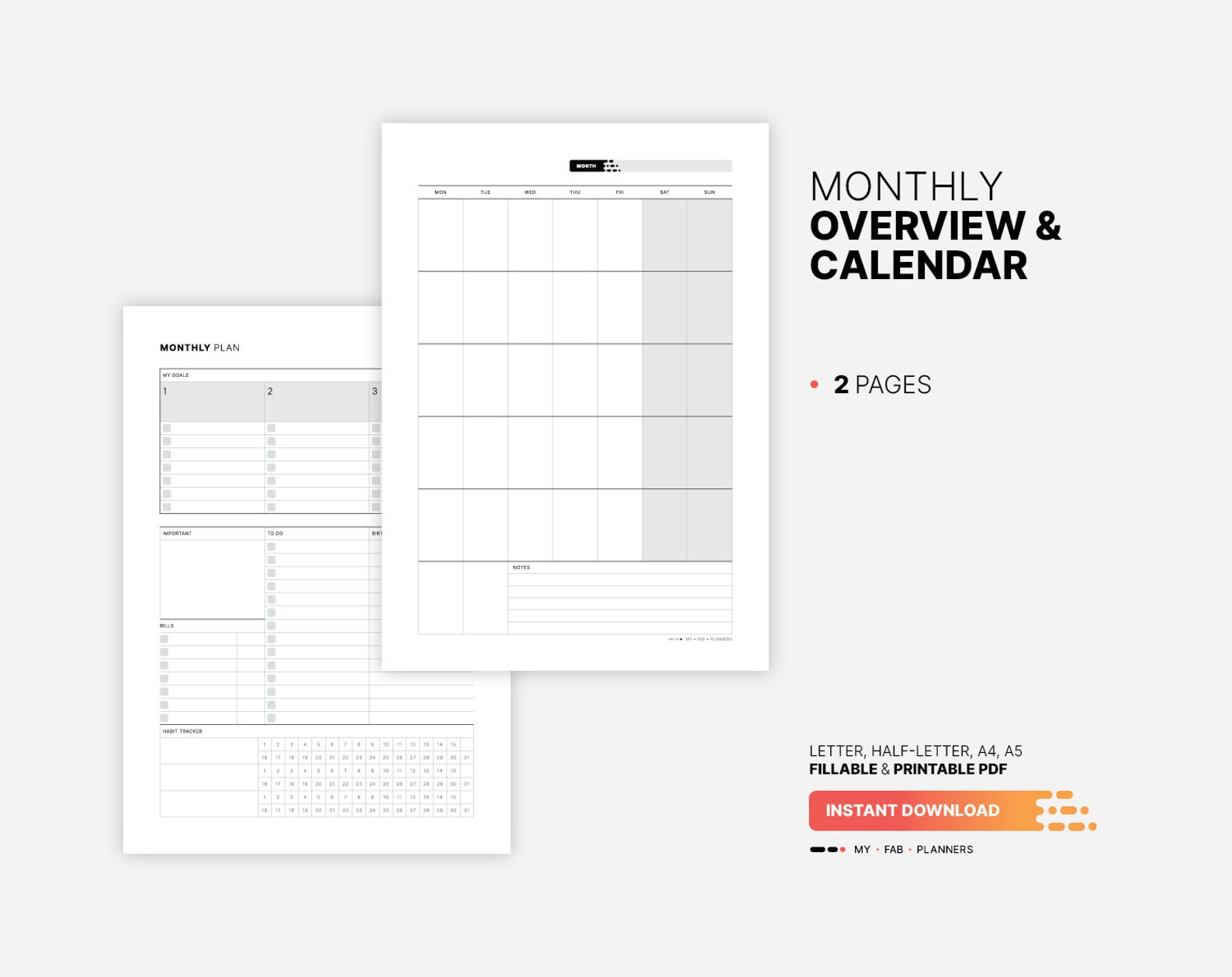 Monthly Overview, Printable Blank Calendar, Fillable Goal Setting ...