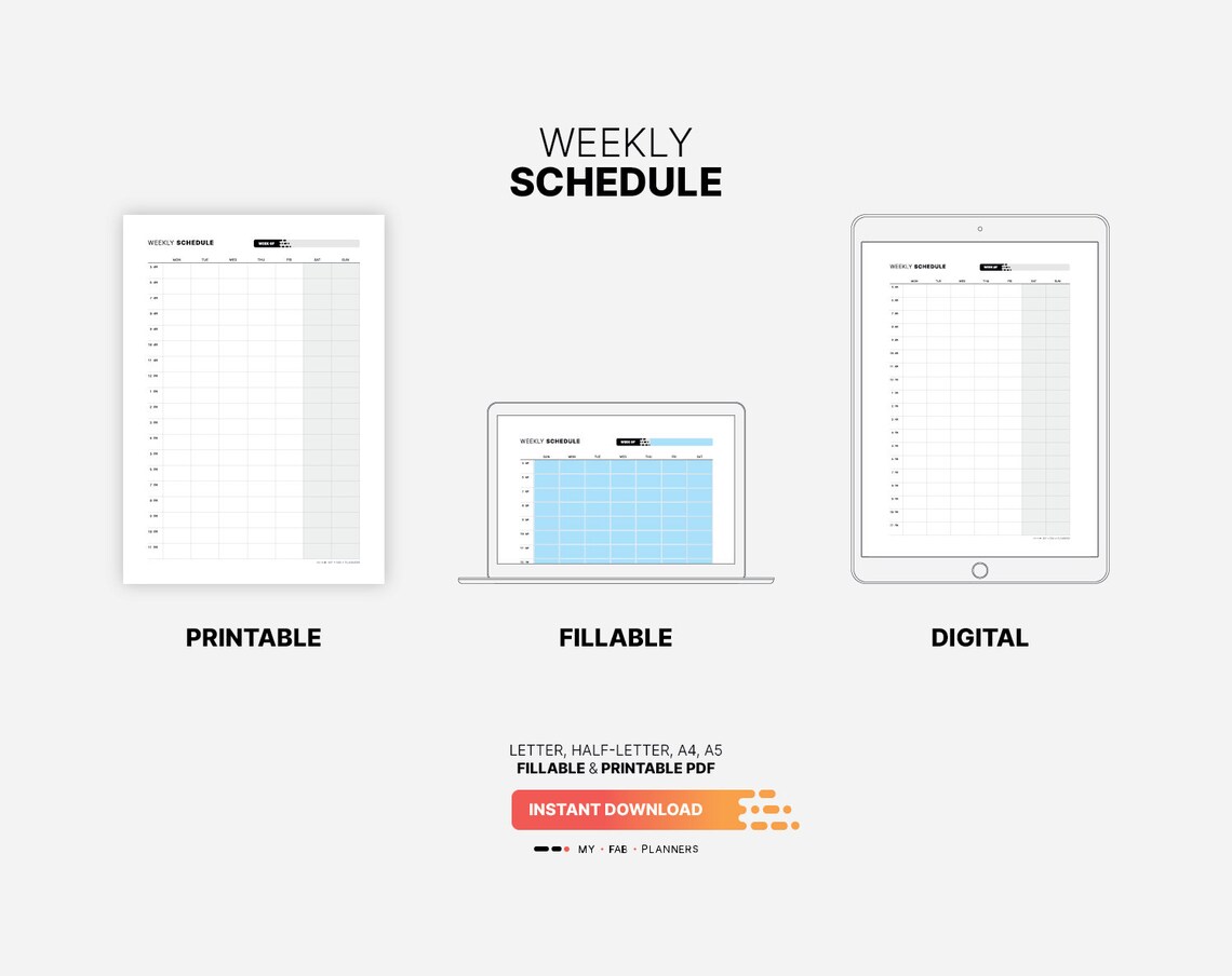 Weekly Schedule, Printable Work, Study, Home Organizer, Fillable ...