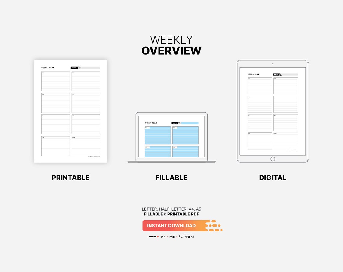 Weekly Overview, Printable Simple, Minimalist Template, Work ...