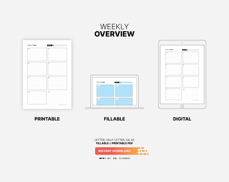 Weekly Overview, Printable Simple, Minimalist Template, Work ...