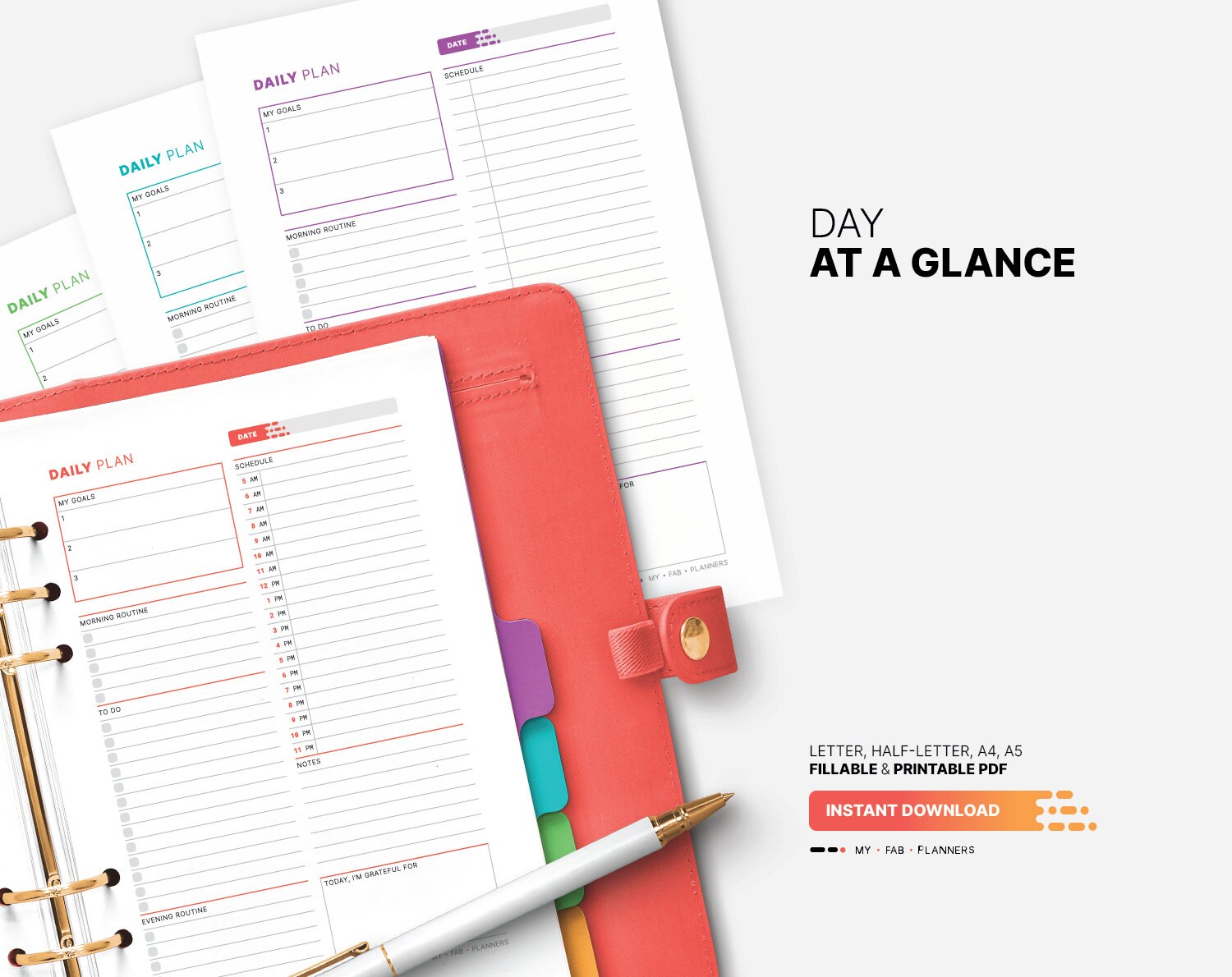 Day at a Glance, Printable Productivity Planner, Fillable Daily Goal ...