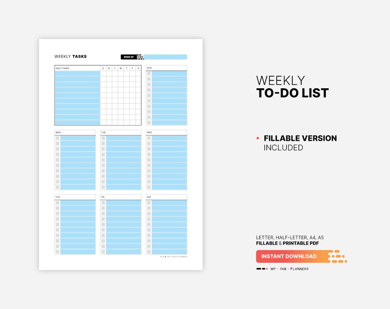 Weekly to Do List Planner, Printable Task List Chart, Productivity ...