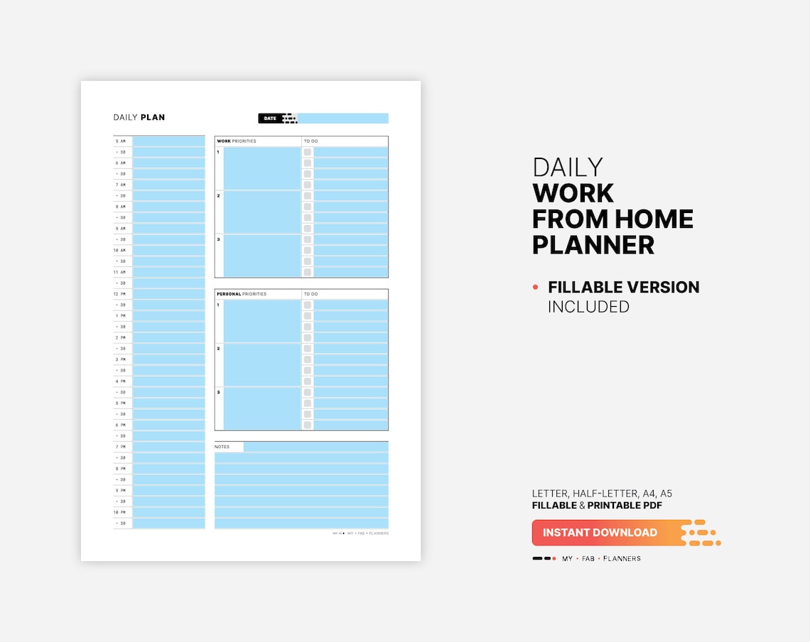 Daily Work From Home Planner, Schedule, Productivity Checklist ...