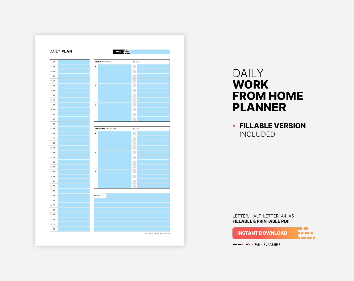 Daily Work From Home Planner, Schedule, Productivity Checklist ...