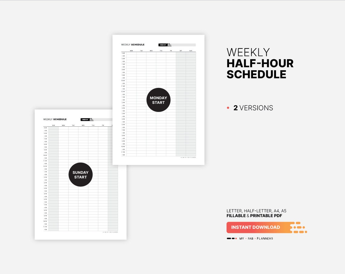 Weekly Half-hour Schedule, Printable Time Tracker, Digital Week at a ...