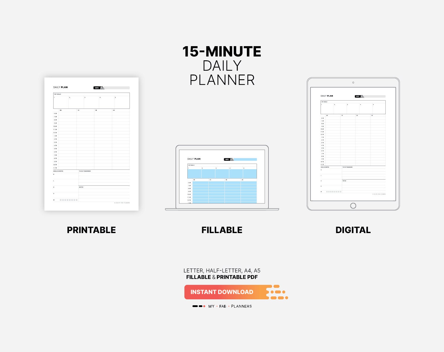 15-minute Daily Planner, Printable Work Schedule Chart, Fillable ...