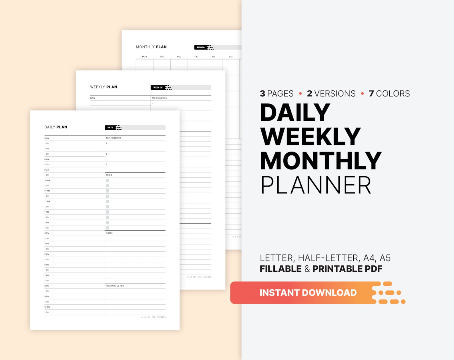 Daily, Weekly, Monthly Planner, Undated Printable and Fillable Letter ...