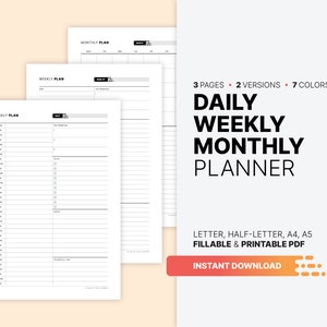 Daily, Weekly, Monthly Planner, Undated Printable and Fillable Letter ...