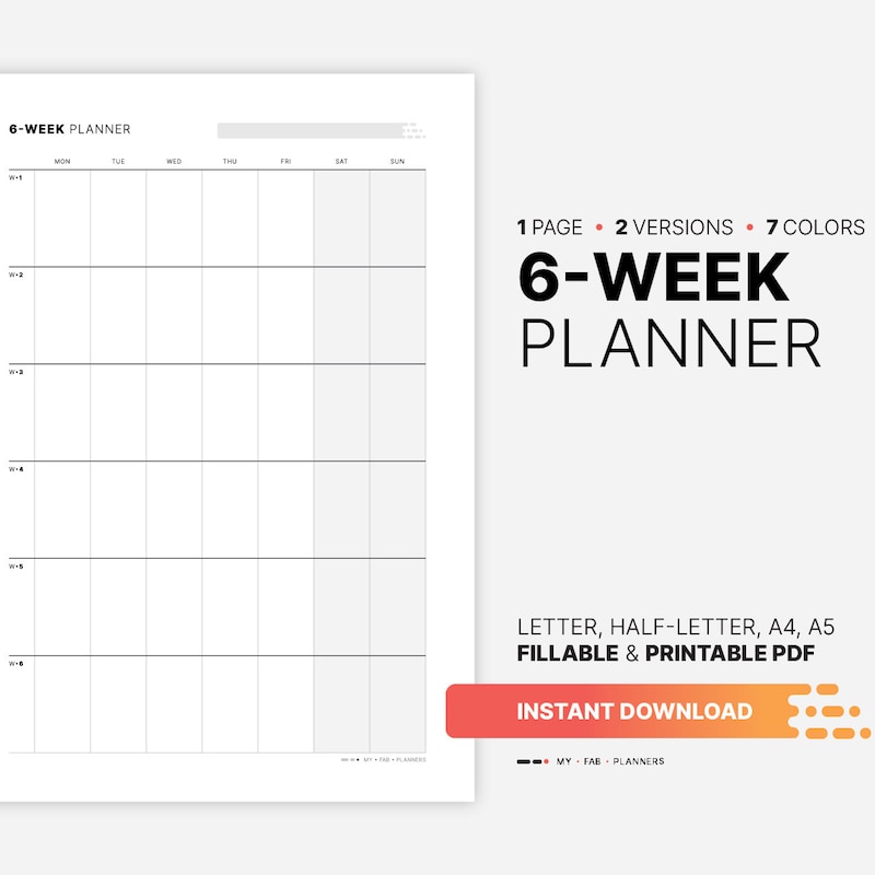 6 Week Template Calendar - Etsy UK