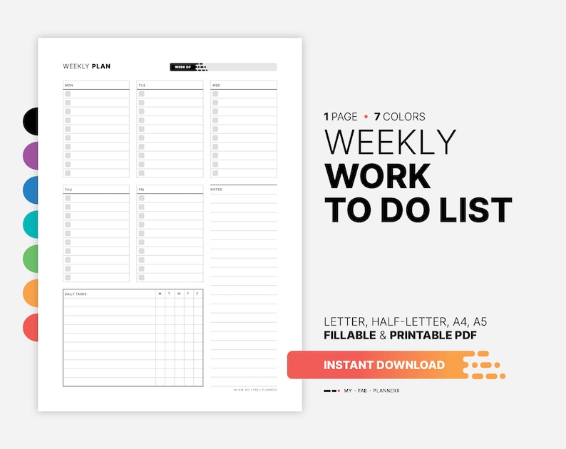 Weekly Work to Do List, Printable Organizer Checklist, Fillable Project ...