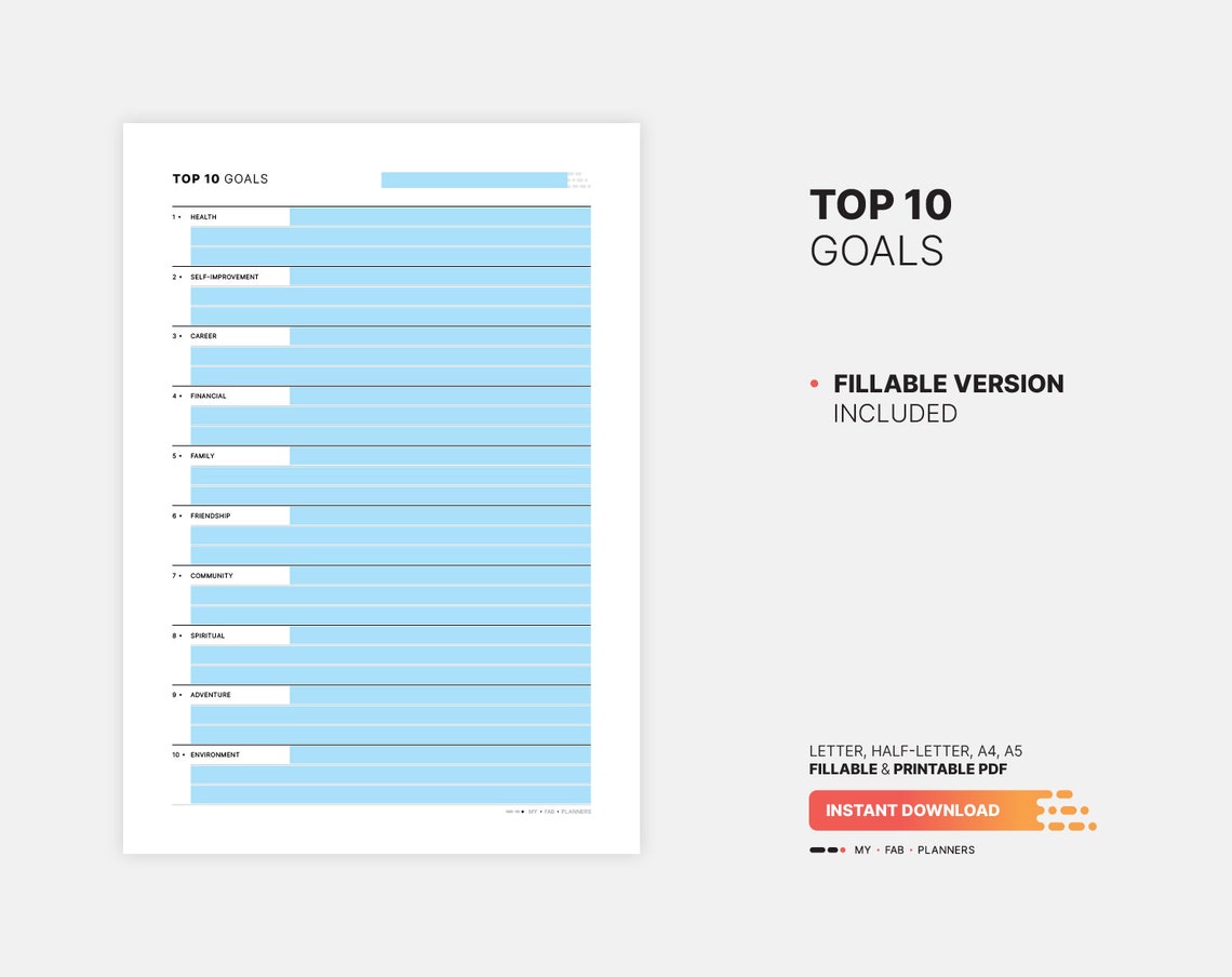 Top 10 Goals Life Goal List Setting Dashboard & Worksheet - Etsy