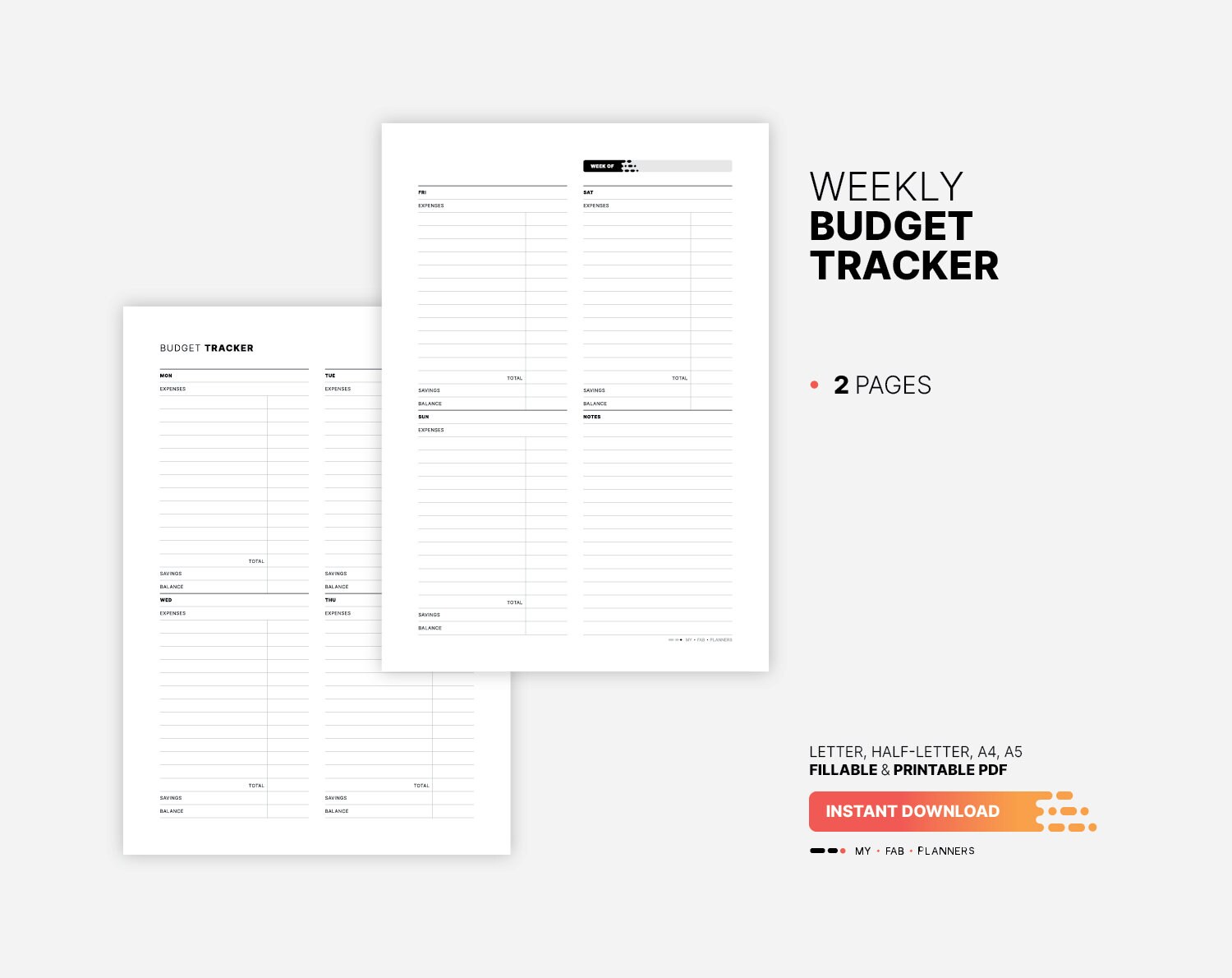 Weekly Budget Tracker Sheet, Fillable Financial Journal Sheets, 2 Pages ...