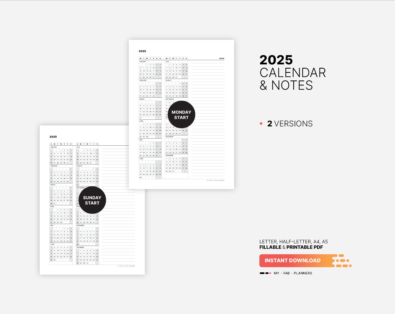 2025 Calendar & Notes Template, Printable New Year At-a-glance Wall ...