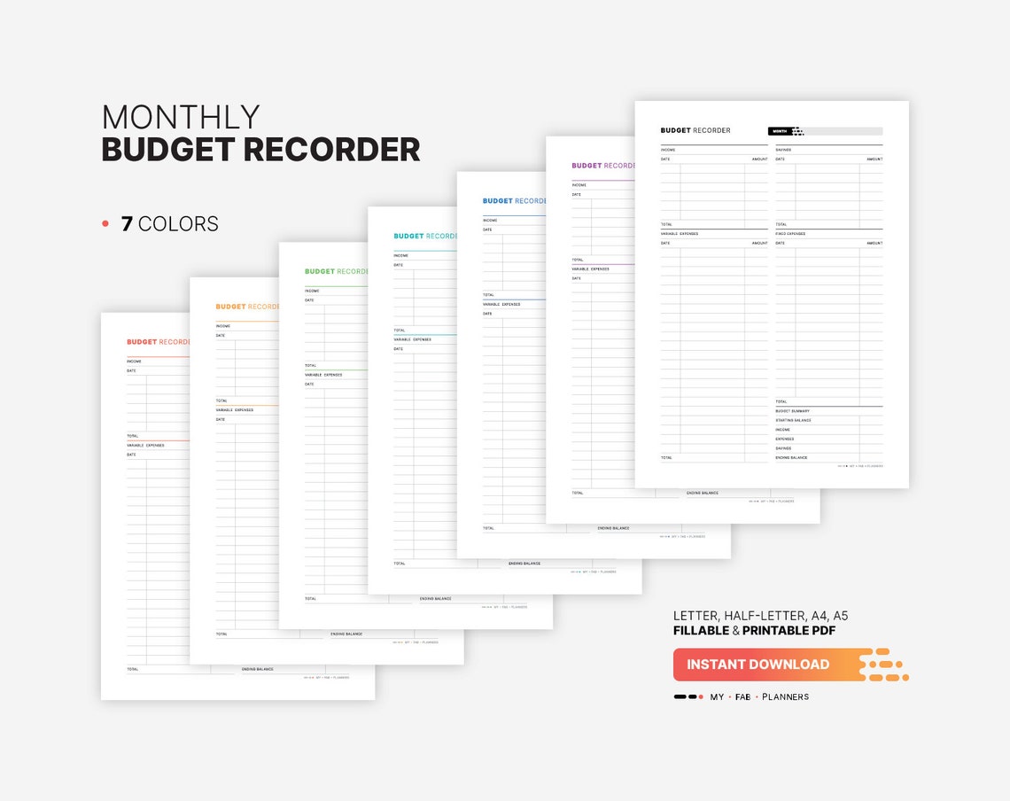Monthly Budget Recorder, Fillable Financial Dashboard, Finance Income ...
