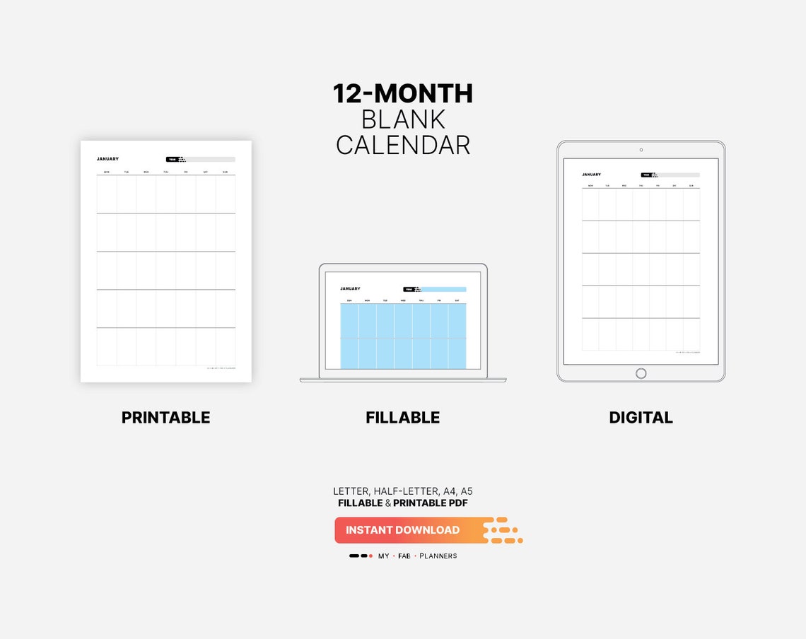 Undated 12-month Blank Calendar, Month At-a-glance Overview, Monthly ...