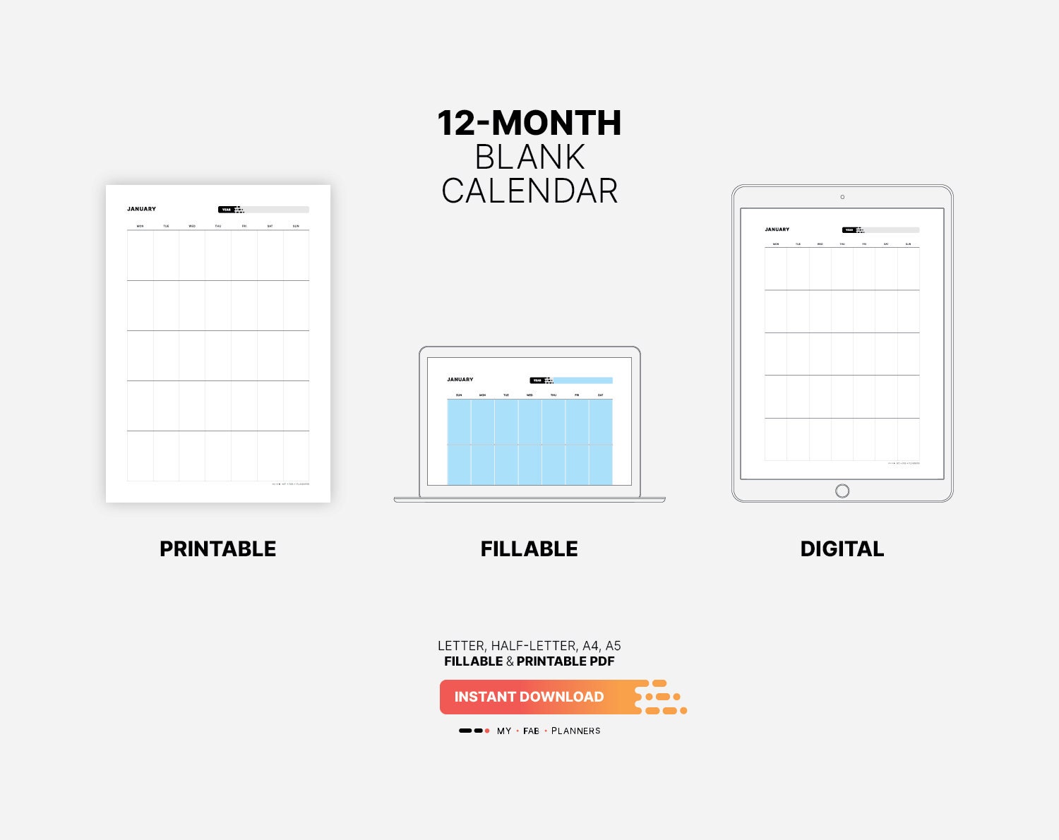 Undated 12-month Blank Calendar, Month At-a-glance Overview, Monthly ...
