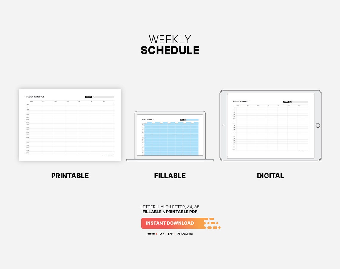 Weekly Schedule Planner, Printable Digital Task Chart at a Glance ...