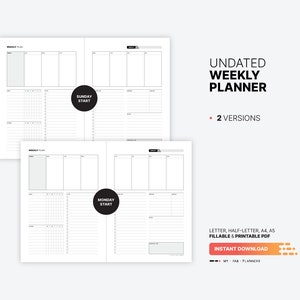 Undated Weekly Planner, Simple Productivity Plan at a Glance, Printable ...