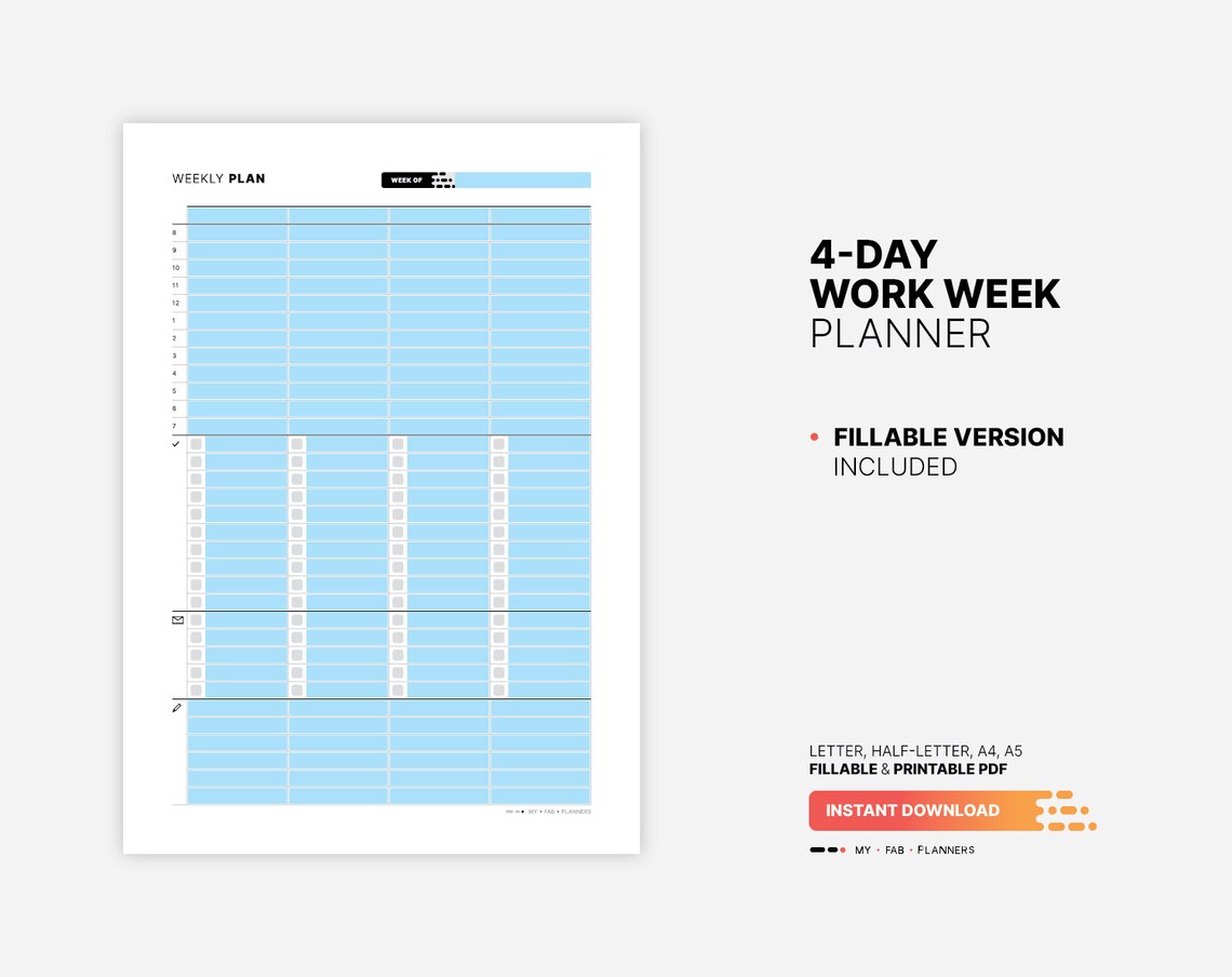 4-day Work Week Planner, Printable Productivity Action Plan Tracker ...