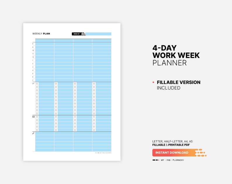 4-day Work Week Planner, Printable Productivity Action Plan Tracker ...