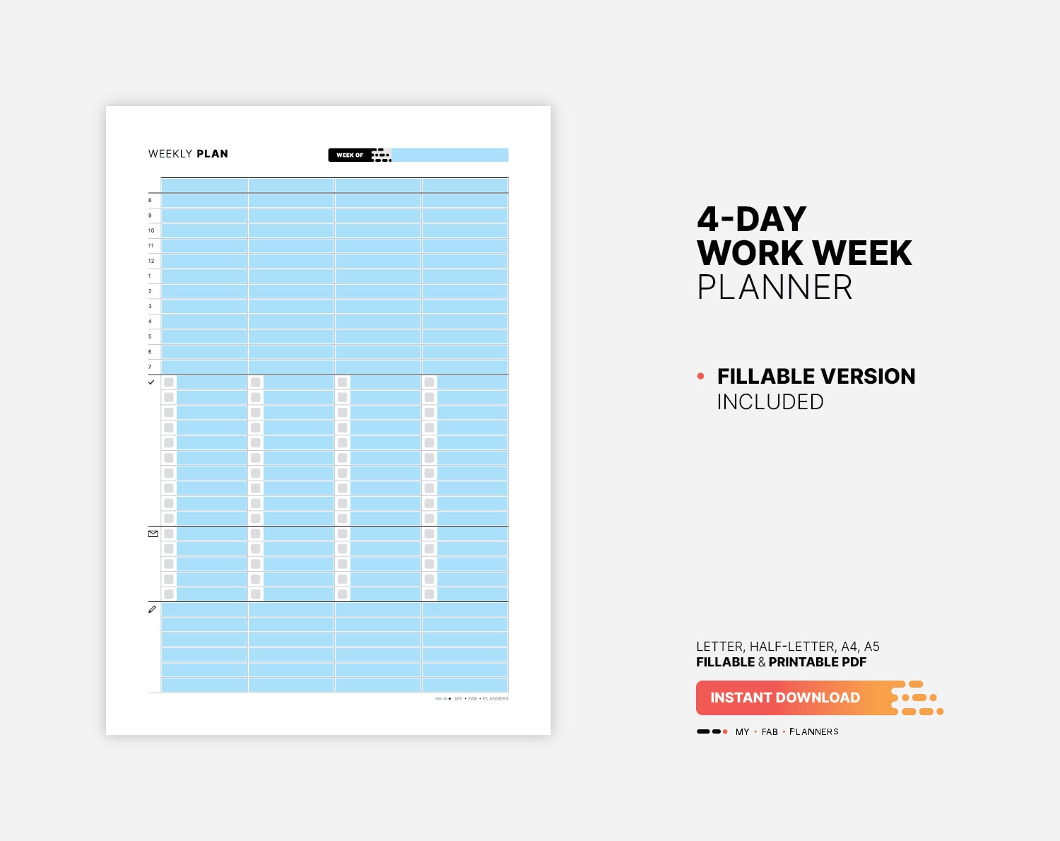 4-day Work Week Planner, Printable Productivity Action Plan Tracker ...