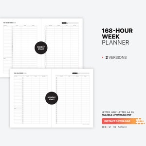 168-hour Weekly Planner, Printable Mindfulness Timesheet, Goal Setting ...