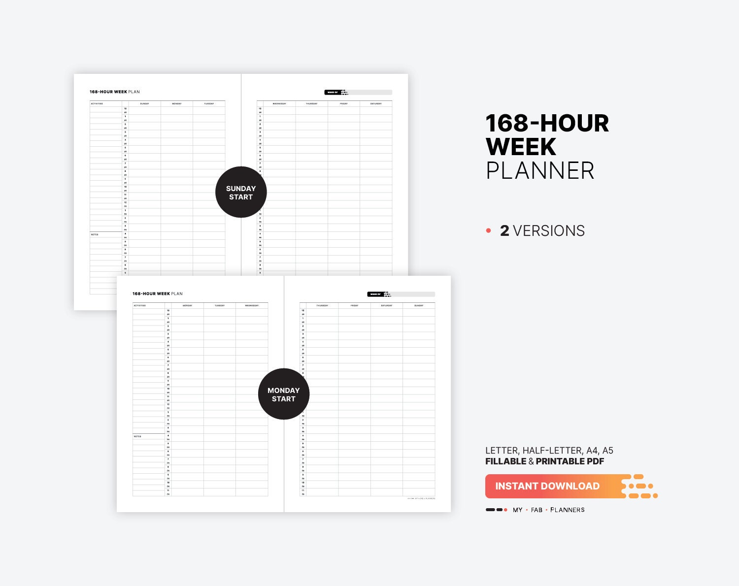 168-hour Weekly Planner, Printable Mindfulness Timesheet, Goal Setting ...