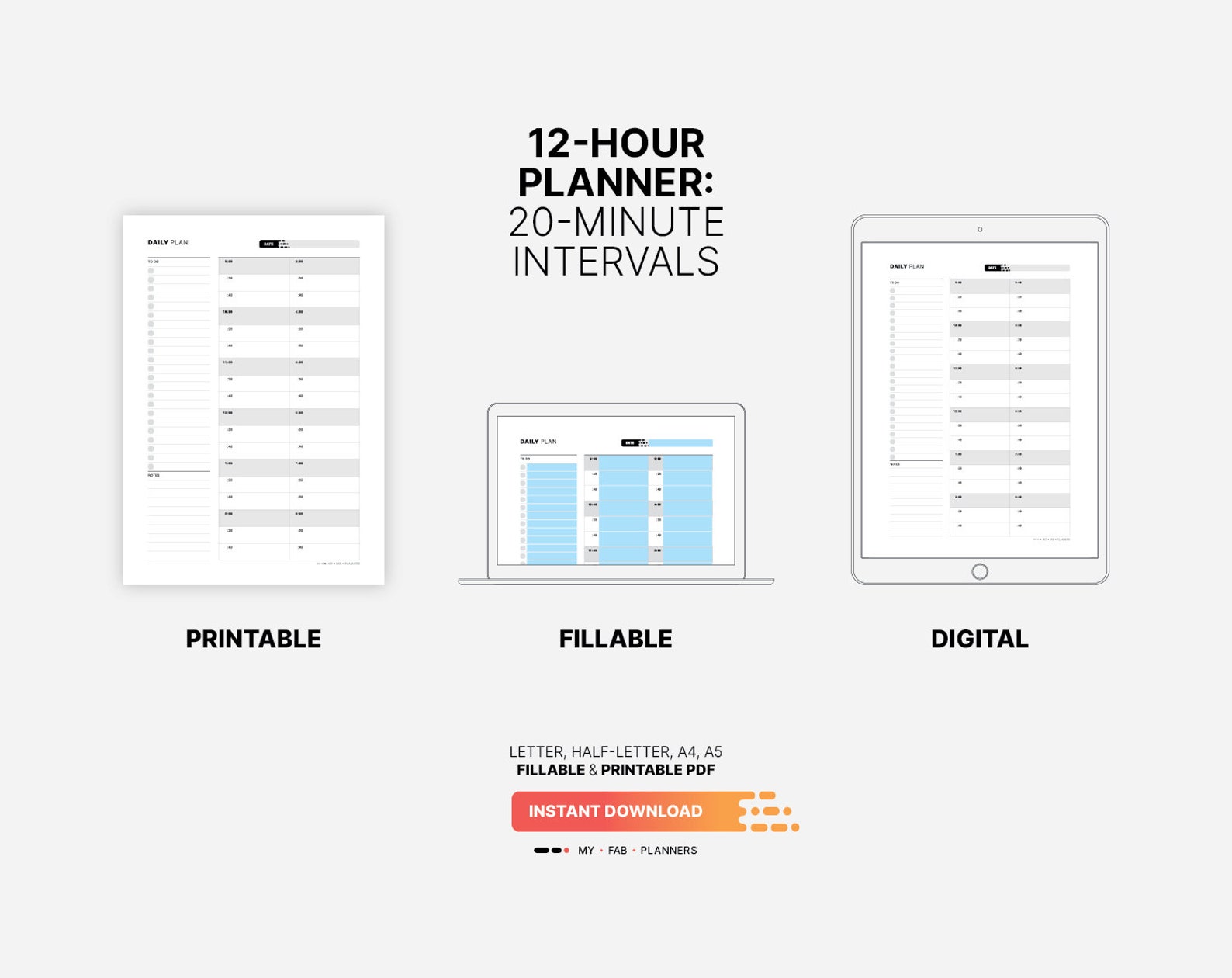 12-hour Planner, Printable 20-minute Work, Study Task Schedule ...