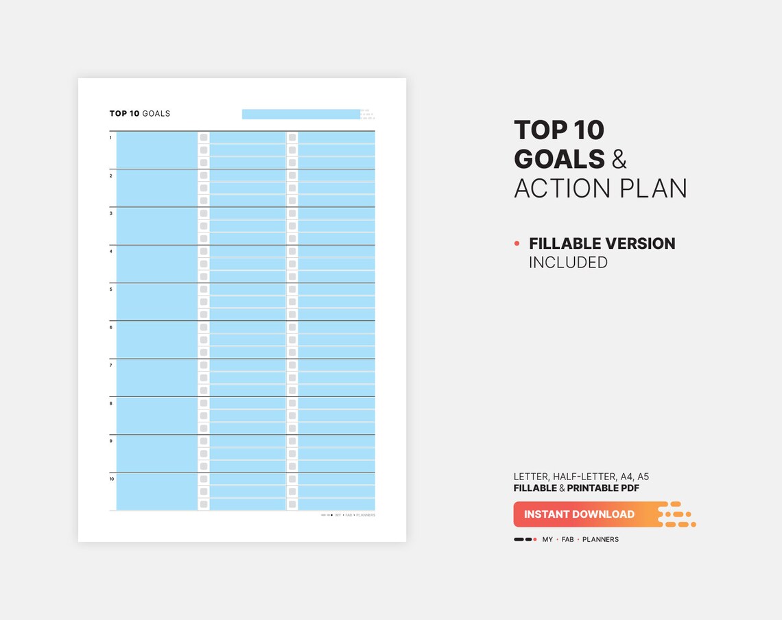 Top 10 Goal List & Action Plan, Goal Setting Board, Printable Worksheet ...