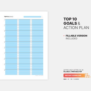 Top 10 Goal List & Action Plan, Goal Setting Board, Printable Worksheet ...