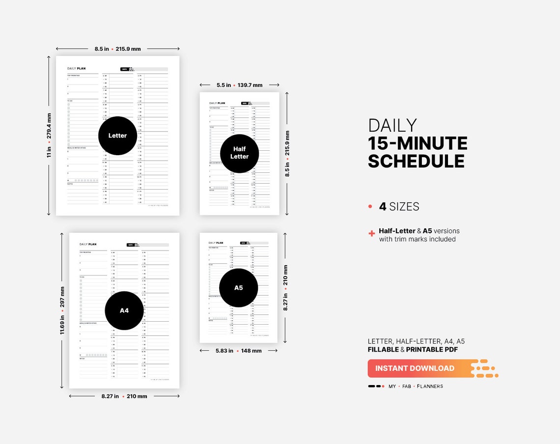 Daily 15-minute Schedule, Printable Work Chart Planner, Fillable ...