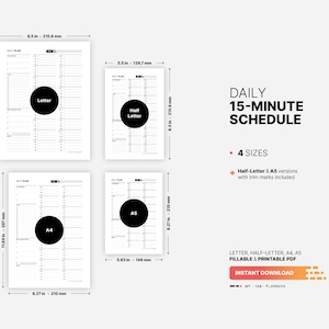 Daily 15-minute Schedule, Printable Work Chart Planner, Fillable ...