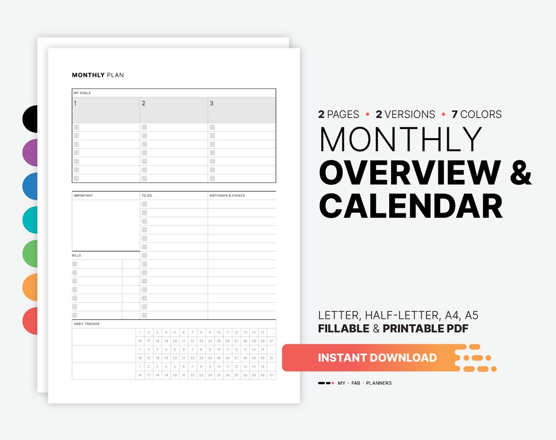 Monthly Overview, Printable Blank Calendar, Fillable Goal Setting ...