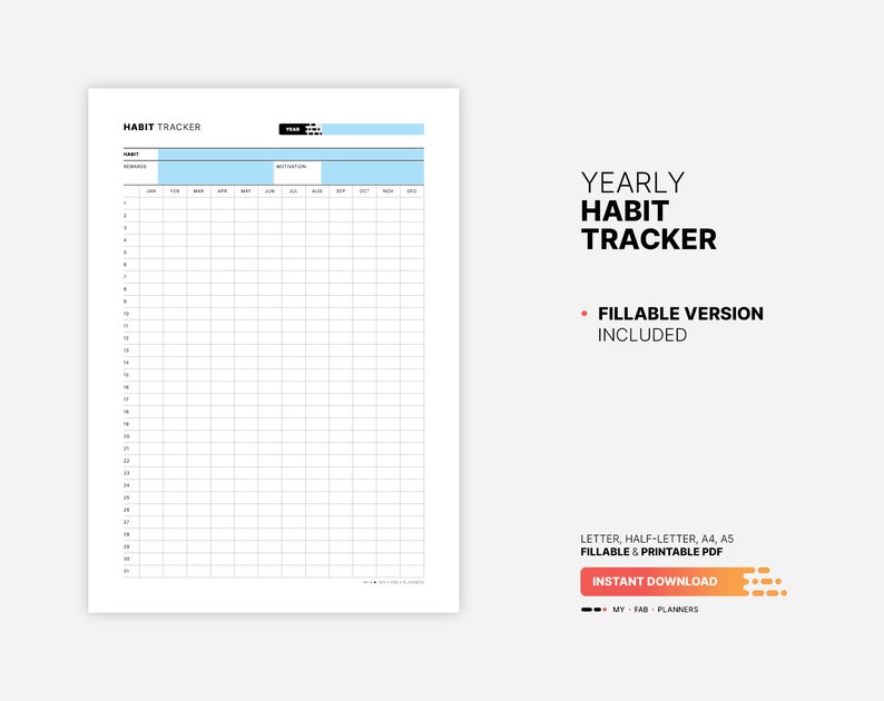 Yearly Habit Tracker Calendar Printable Life Goal Annual - Etsy