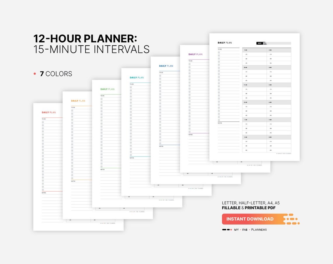 12-hour Planner, Printable 15-minute Work, Study Task Schedule ...