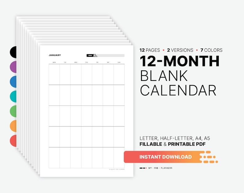 Undated 12-month Blank Calendar, Month At-a-glance Overview, Monthly ...