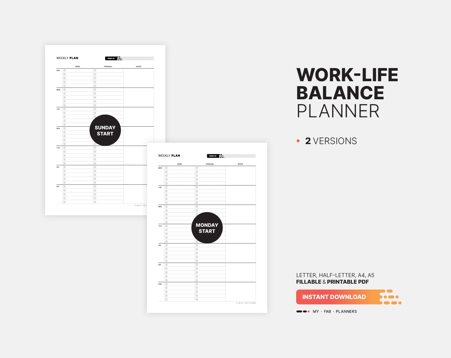 Weekly Work-life Balance Planner, Fillable Week's Task List, To-do ...