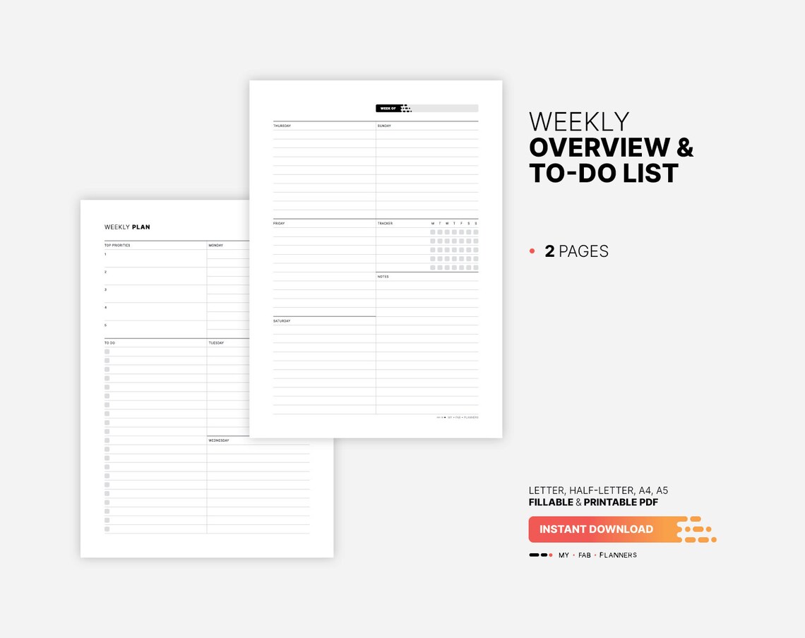 Weekly Overview on Two Pages Week Ahead At-a-glance Planner - Etsy